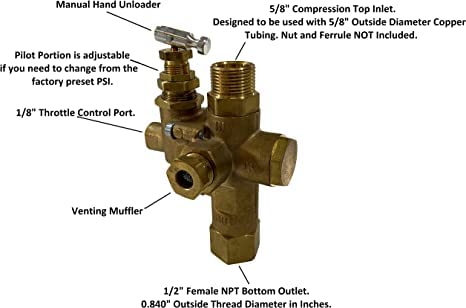 5/8" Compression Top Inlet for Copper Tubing Unloader Pilot Check Valve plus Throttle Control, 6.5HP Max Gas Compressors (125-150 PSI, Valve ONLY, Throttle Control Cable NOT Included)