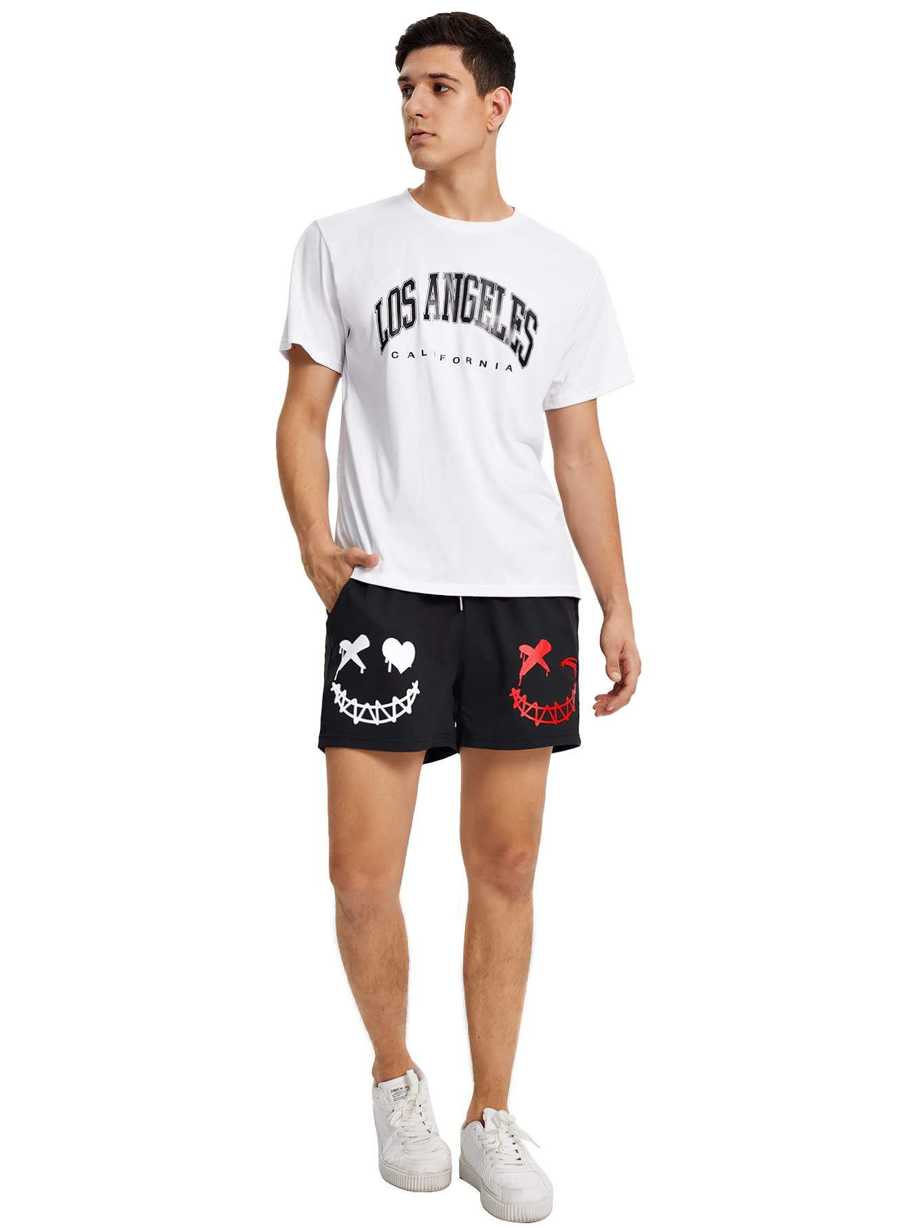 GORGLITTER Men's Cartoon Graphic Running Workout Shorts Drawstring Waist Track Shorts with Pockets Black Cartoon Medium
