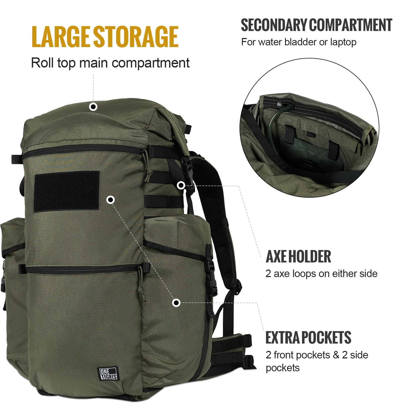 OneTigris WILD ROCKET 45L Backpack - Durable 500D Cordura Nylon ALICE Pack, Hiking Daypack for Outdoor Adventures
