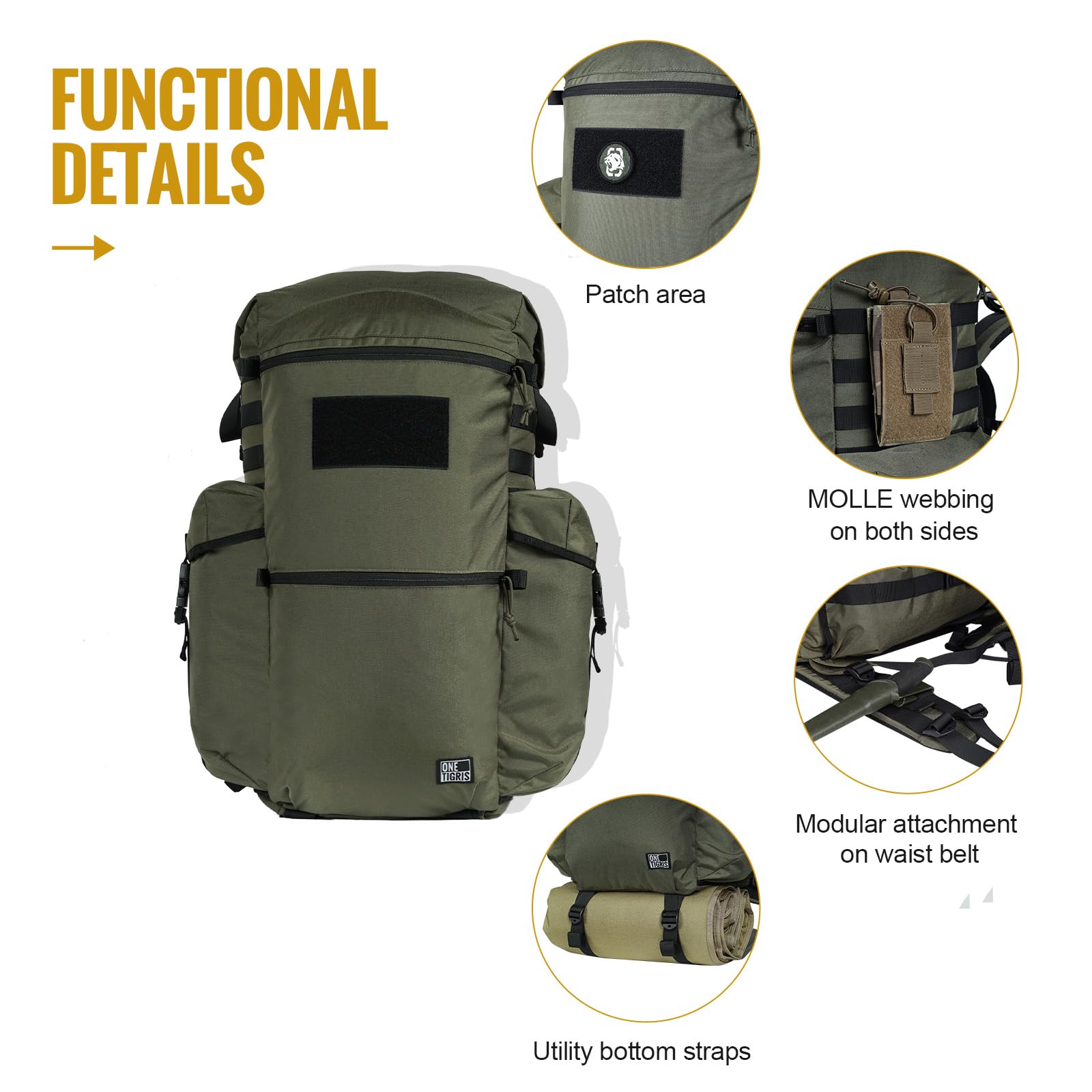 OneTigris WILD ROCKET 45L Backpack - Durable 500D Cordura Nylon ALICE Pack, Hiking Daypack for Outdoor Adventures