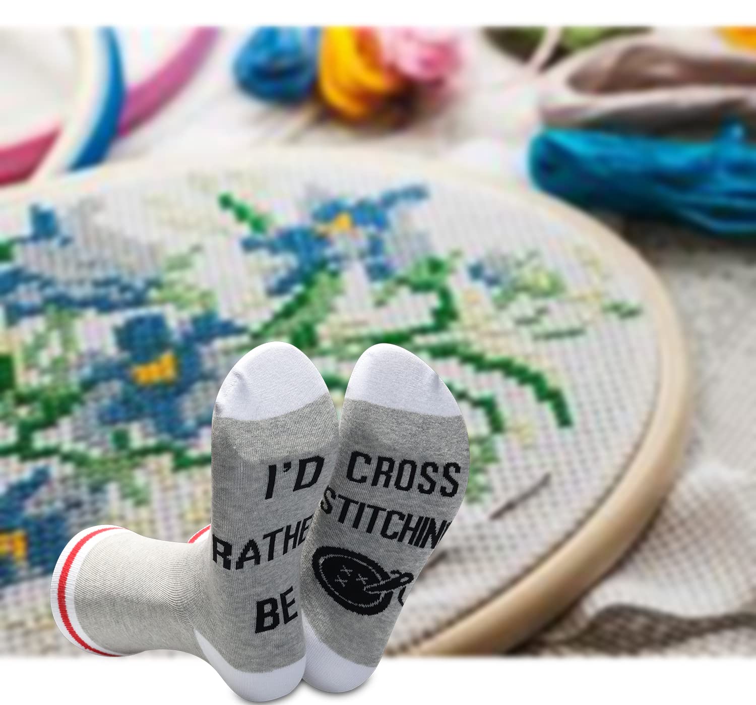 G2TUP 2 Pairs I’d Rather Be Cross Stitching Socks Cross-Stitch Lover Gift Cross-Stitch Project Bag Sewing Lover Socks Needle Worker Gift (I’d Rather Be Cross Stitching)