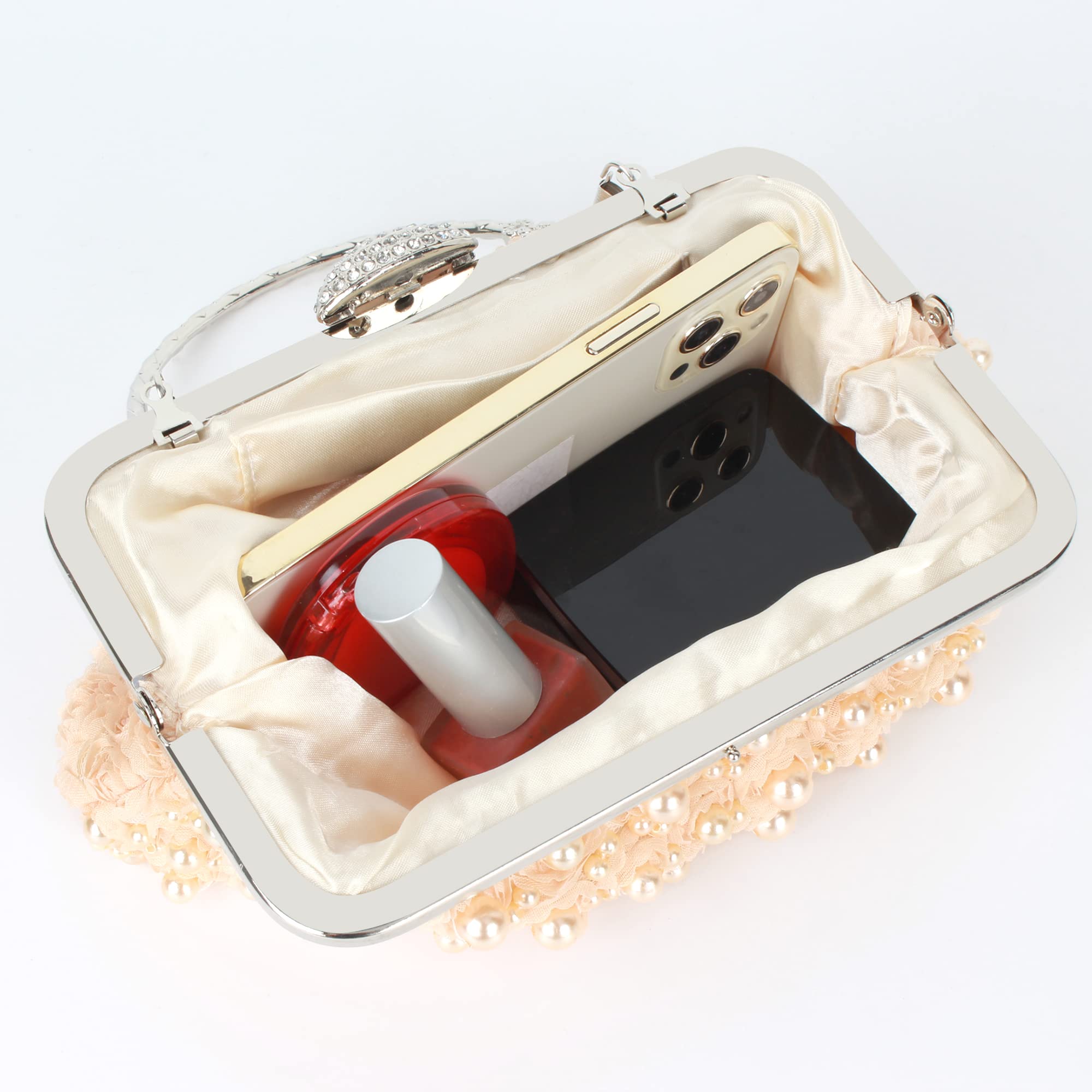 Women Mini False Pearls Evening Handbag Clutch Metal Top-handle Bag Chain Strap Cross-body Bag