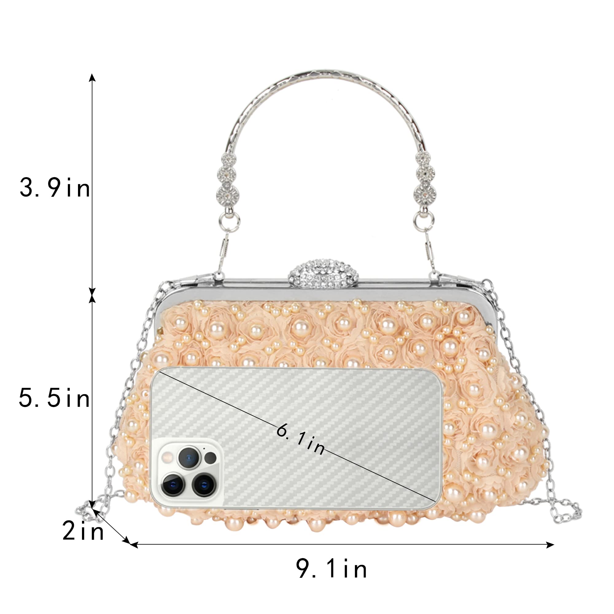 Women Mini False Pearls Evening Handbag Clutch Metal Top-handle Bag Chain Strap Cross-body Bag
