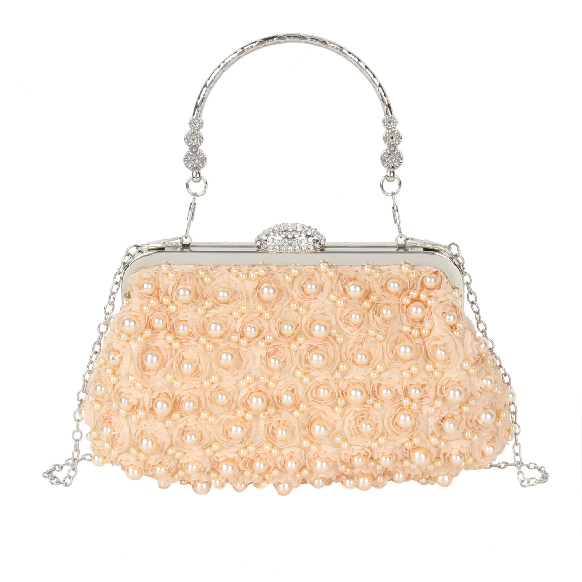 Women Mini False Pearls Evening Handbag Clutch Metal Top-handle Bag Chain Strap Cross-body Bag