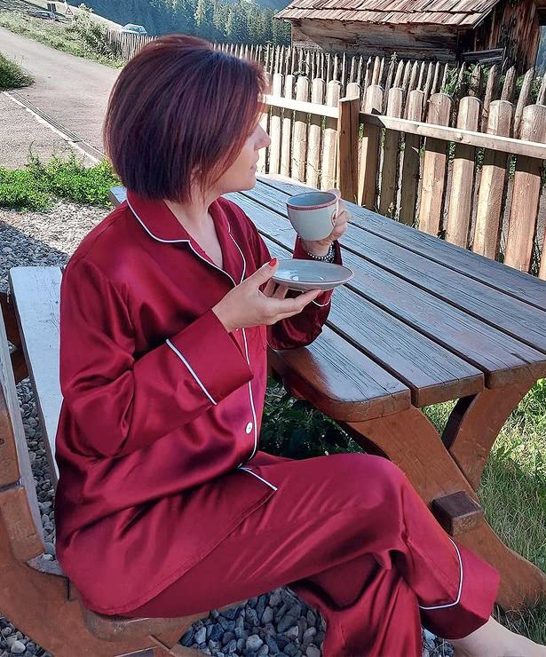Women's Silk Satin Pajama Button Down Long Sleeve and Pants Set Sleepwear Loungewear Wine Red M