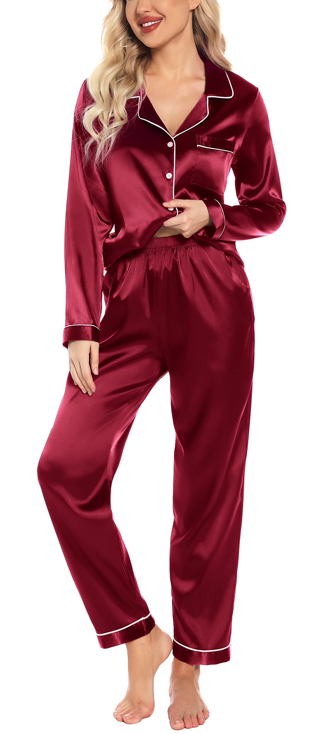 Women's Silk Satin Pajama Button Down Long Sleeve and Pants Set Sleepwear Loungewear Wine Red M