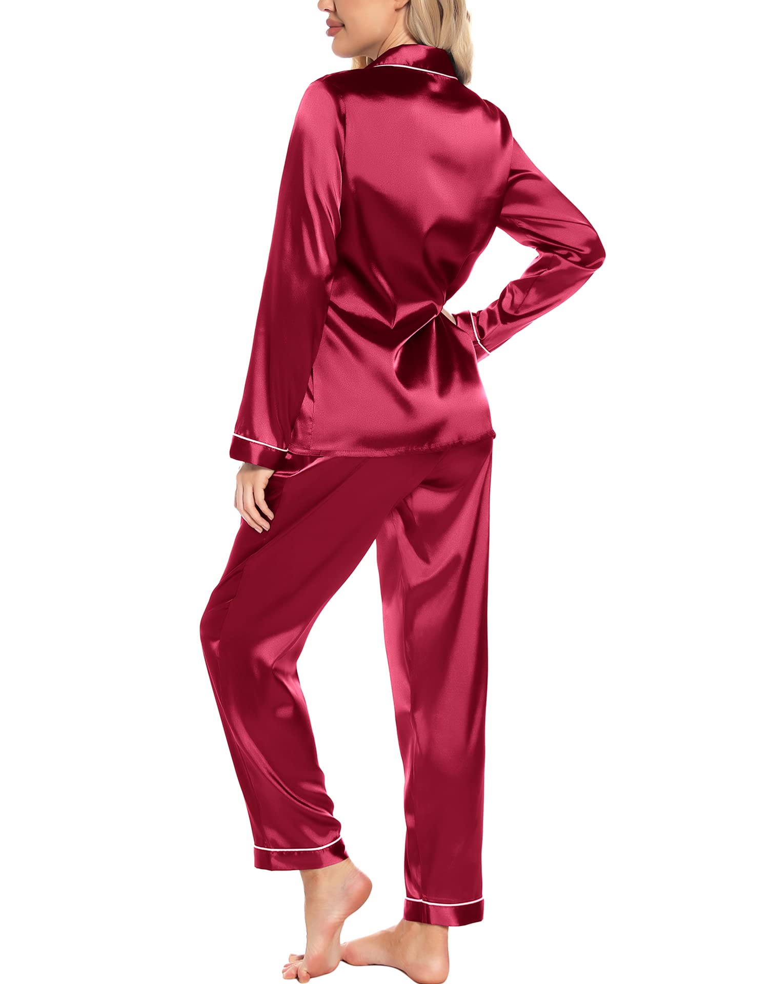 Women's Silk Satin Pajama Button Down Long Sleeve and Pants Set Sleepwear Loungewear Wine Red M