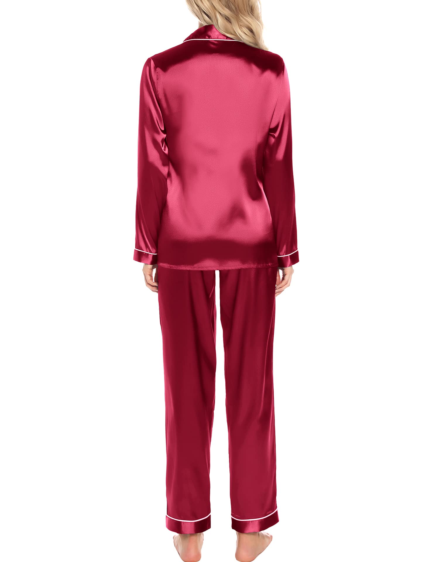 Women's Silk Satin Pajama Button Down Long Sleeve and Pants Set Sleepwear Loungewear Wine Red M