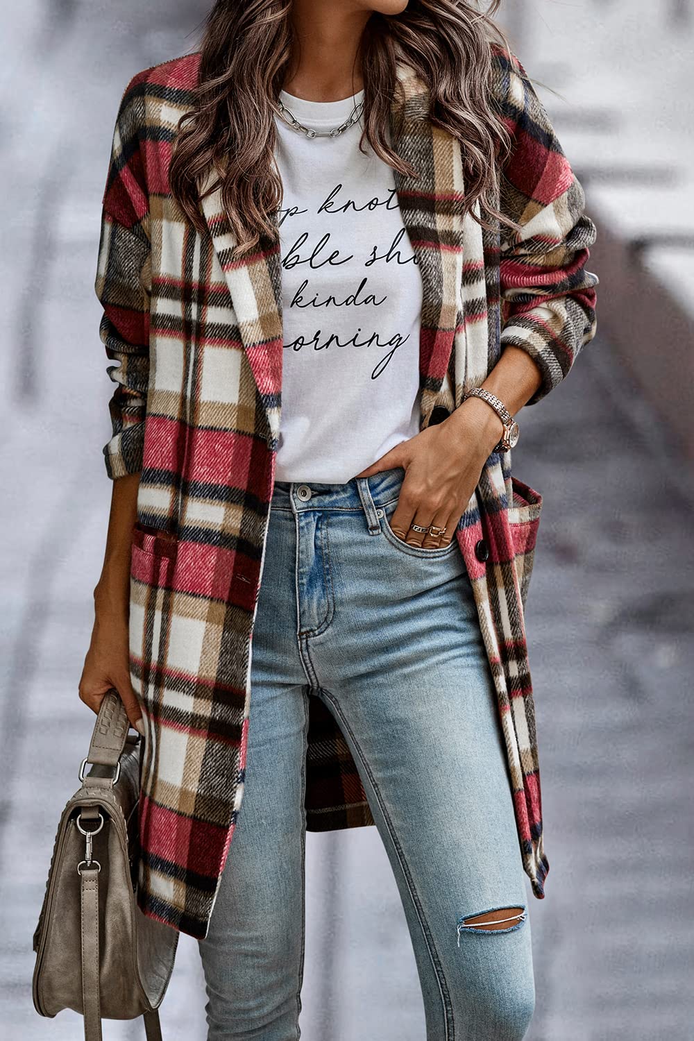 PRETTYGARDEN Women's Plaid Shacket Jacket Trendy Casual Button Wool Blend Winter Tartan Trench Coat with Pockets (Red,Large)
