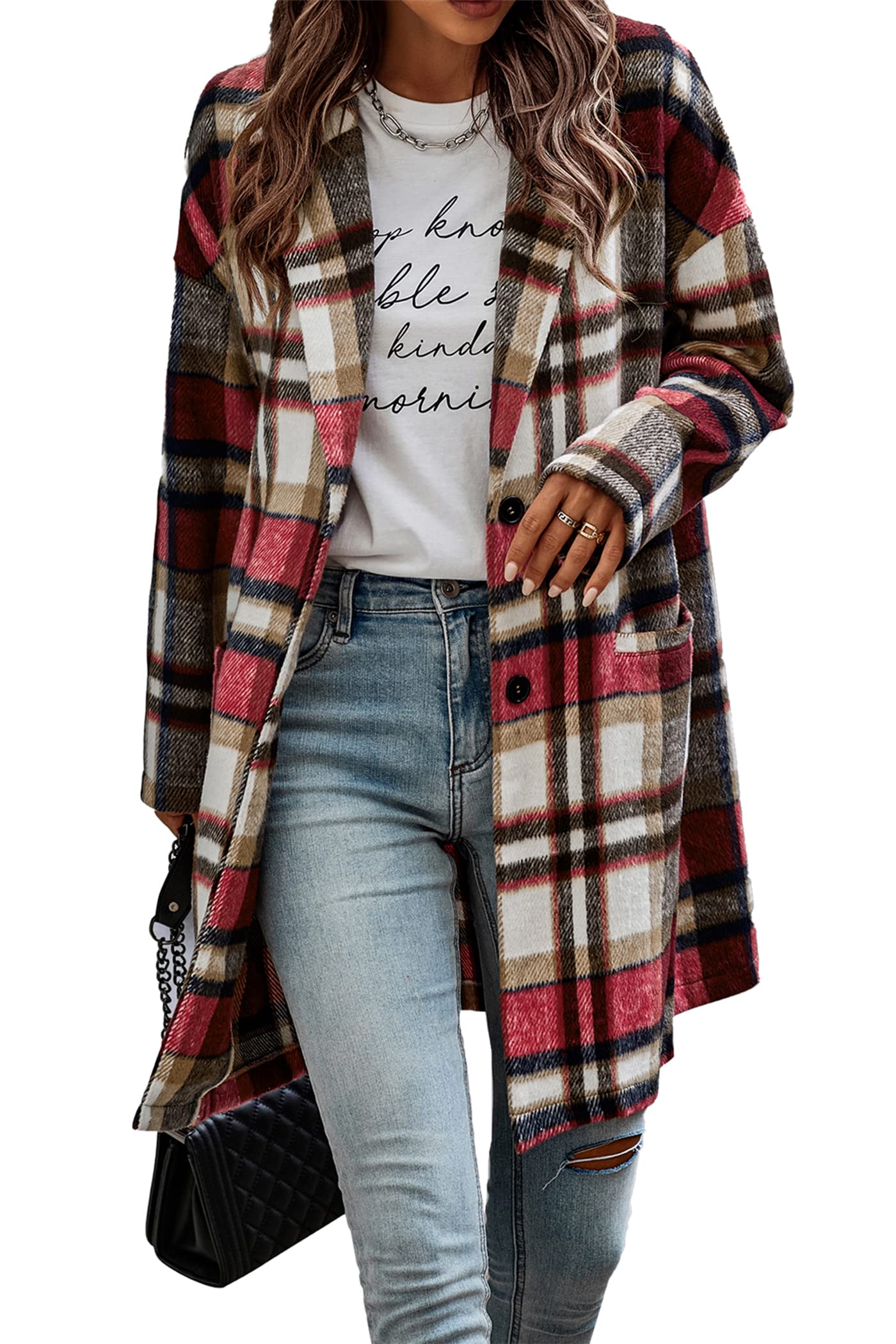 PRETTYGARDEN Women's Plaid Shacket Jacket Trendy Casual Button Wool Blend Winter Tartan Trench Coat with Pockets (Red,Large)