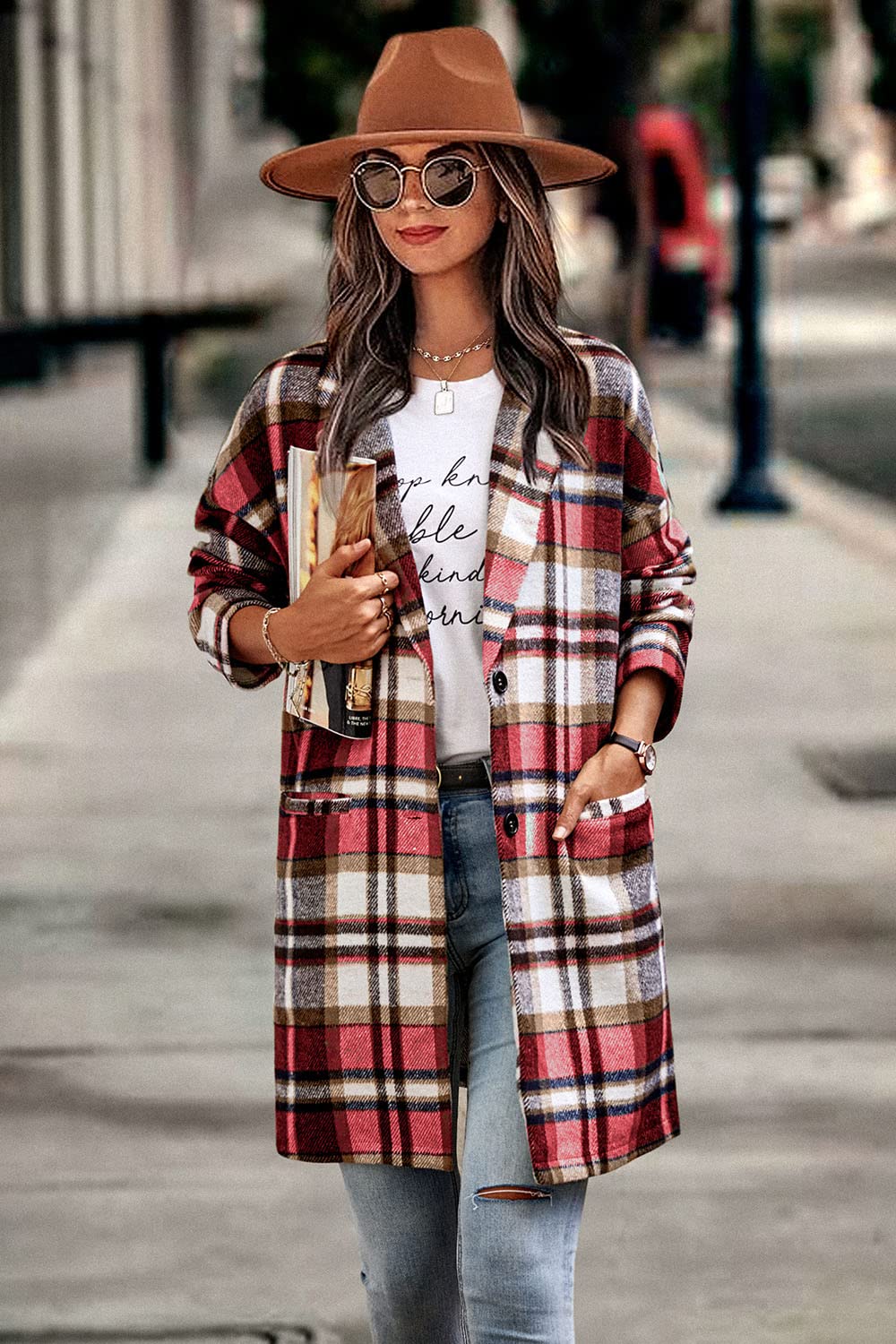 PRETTYGARDEN Women's 2024 Plaid Shacket Jacket Casual Button Wool Blend Winter Tartan Trench Coat With Pockets (Red,X-Large)