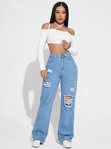 SweatyRocks Women's High Waisted Ripped Boyfriend Jeans Distressed Denim Pants with Pockets Light Wash M