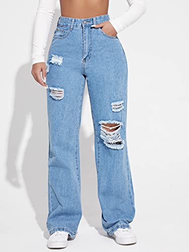 SweatyRocks Women's High Waisted Ripped Boyfriend Jeans Distressed Denim Pants with Pockets Light Wash M