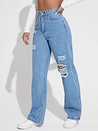 SweatyRocks Women's High Waisted Ripped Boyfriend Jeans Distressed Denim Pants with Pockets Light Wash M