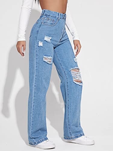 SweatyRocks Women's High Waisted Ripped Boyfriend Jeans Distressed Denim Pants with Pockets Light Wash M