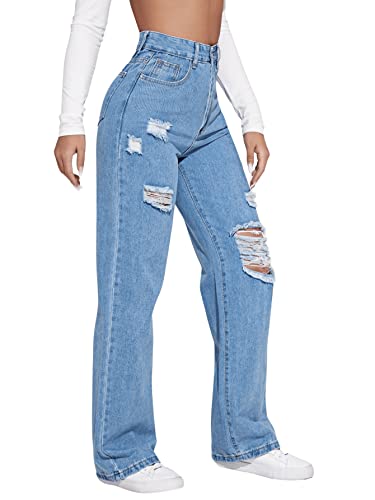 SweatyRocks Women's High Waisted Ripped Boyfriend Jeans Distressed Denim Pants with Pockets Light Wash M