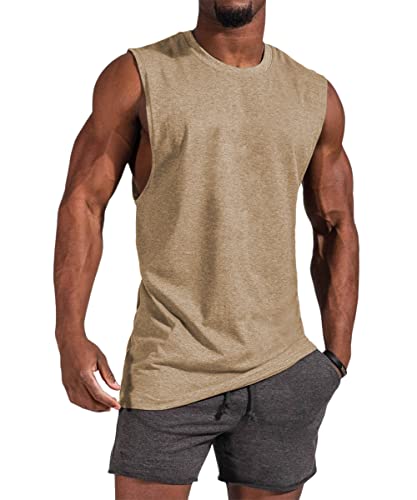 Aoysky Mens Crewneck Tank Tops Athletic Beach Sleeveless Shirts Khaki