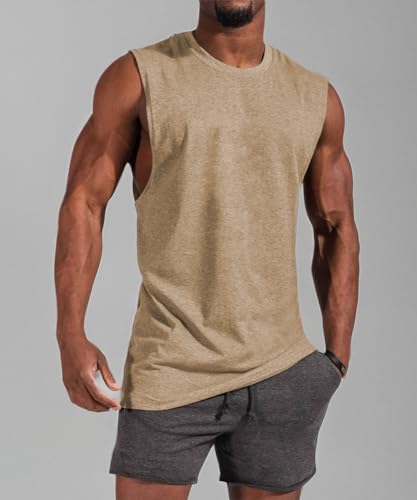 Aoysky Mens Crewneck Tank Tops Athletic Beach Sleeveless Shirts Khaki