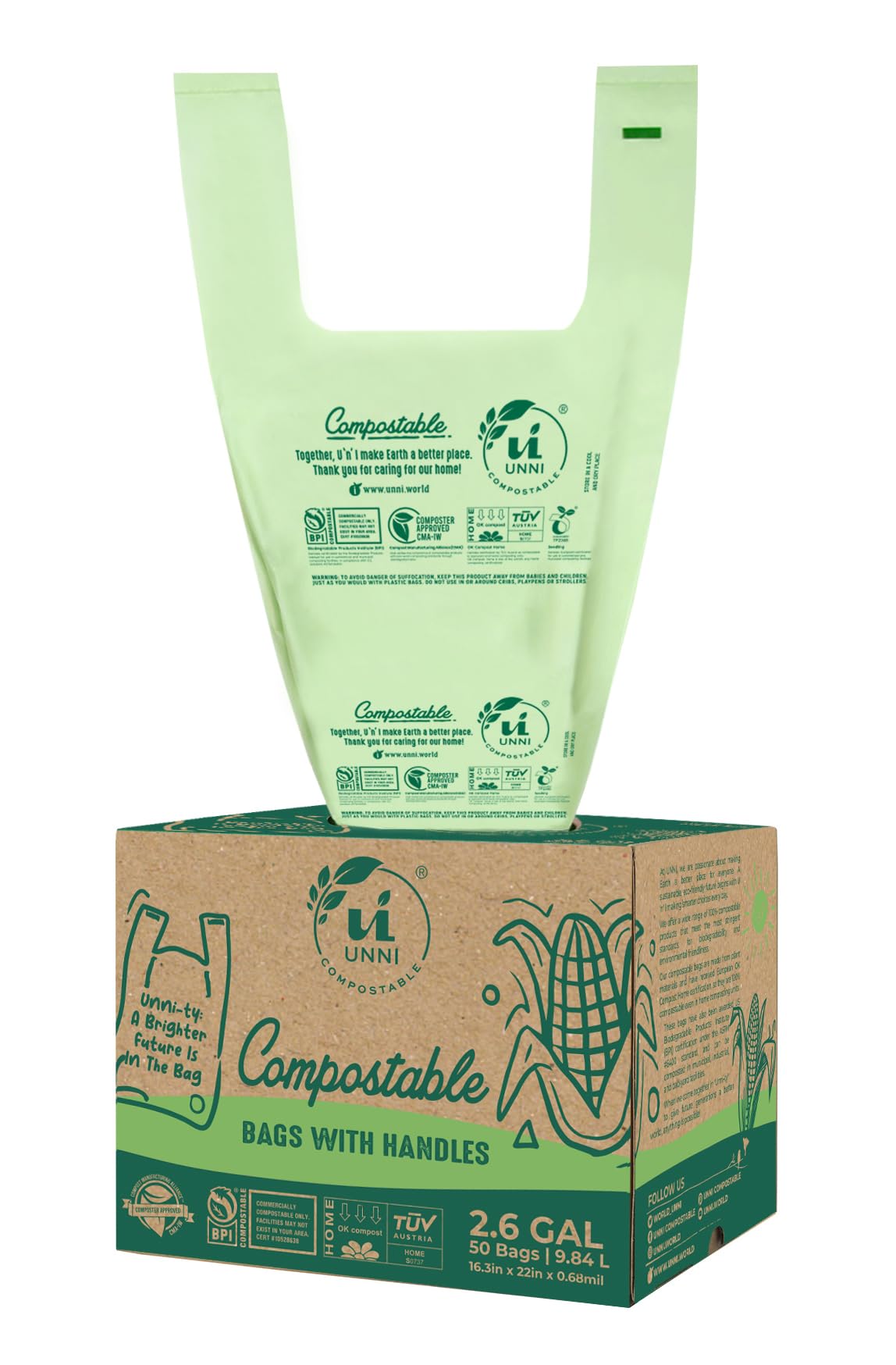 UNNI Compostable T-Shirt Bags with Handle-Tie, 2.6 Gallon, 9.84 Liter, 50 Count, 0.68 Mil, Small Kitchen Food Scrap Waste Bags, ASTM D6400, US BPI, CMA and OK compost HOME Certified, San Francisco