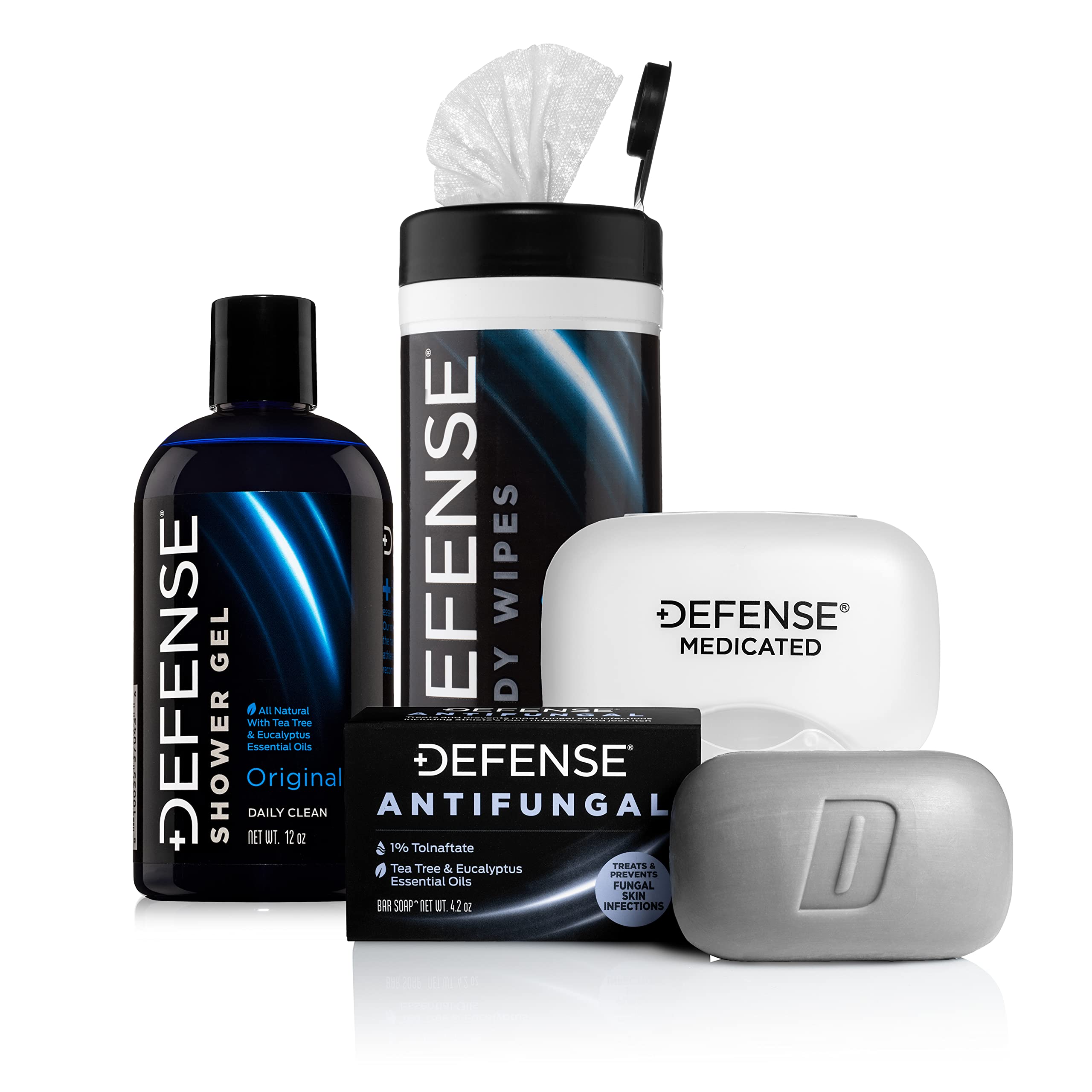 Defense Soap Antifungal Medicated Bar Soap, Tea Tree Body Wipes (40 Count), & Body Wash 12 oz - Natural Shower Gel