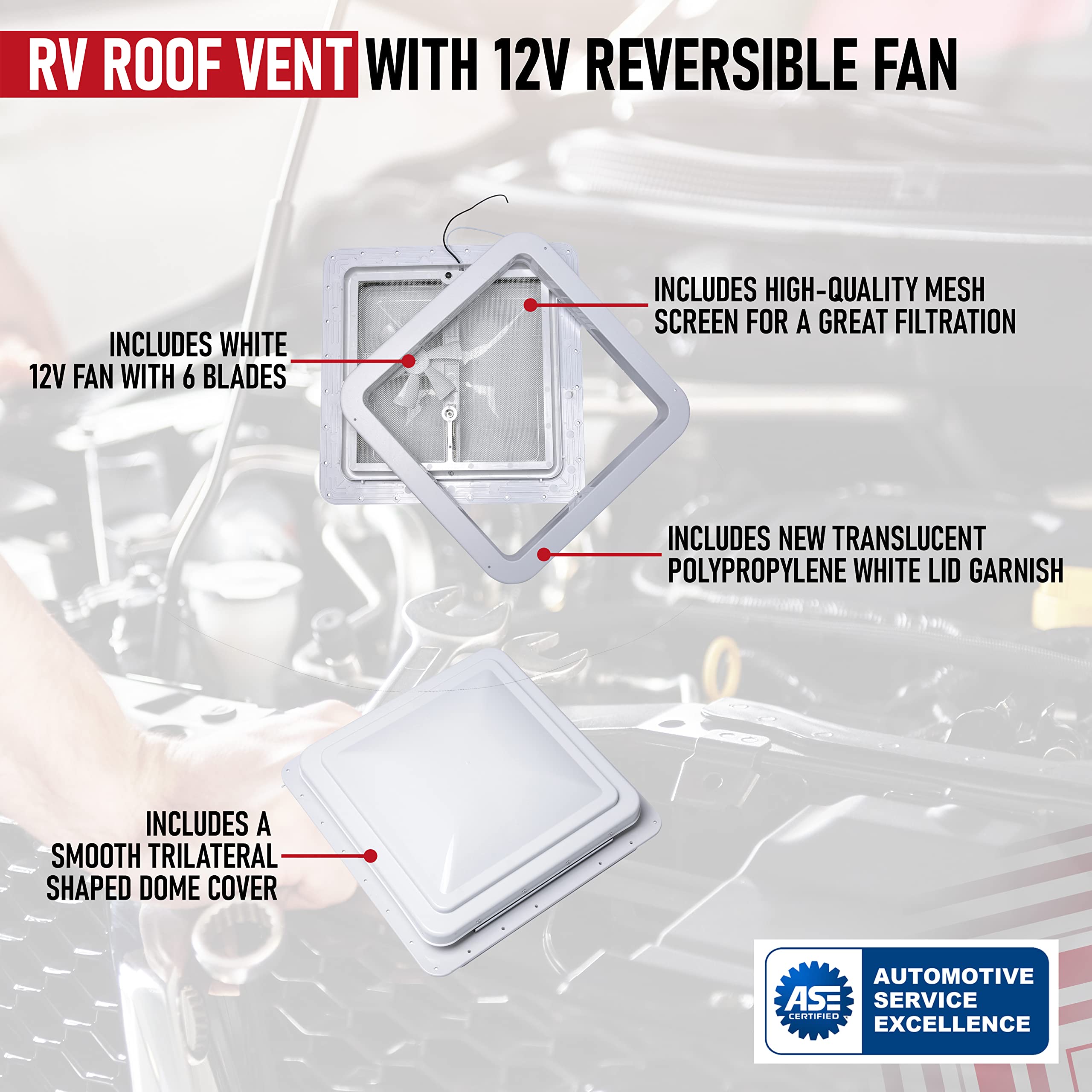 AA Ignition RV Roof Vent with 12V Fan - Fits Camper Trailer Vans, Motorhome, 5th Wheel - 14" x 14" Universal White Lid Roof Vent with 6 Blades - White Lid Inner Translucent Garnish Ring