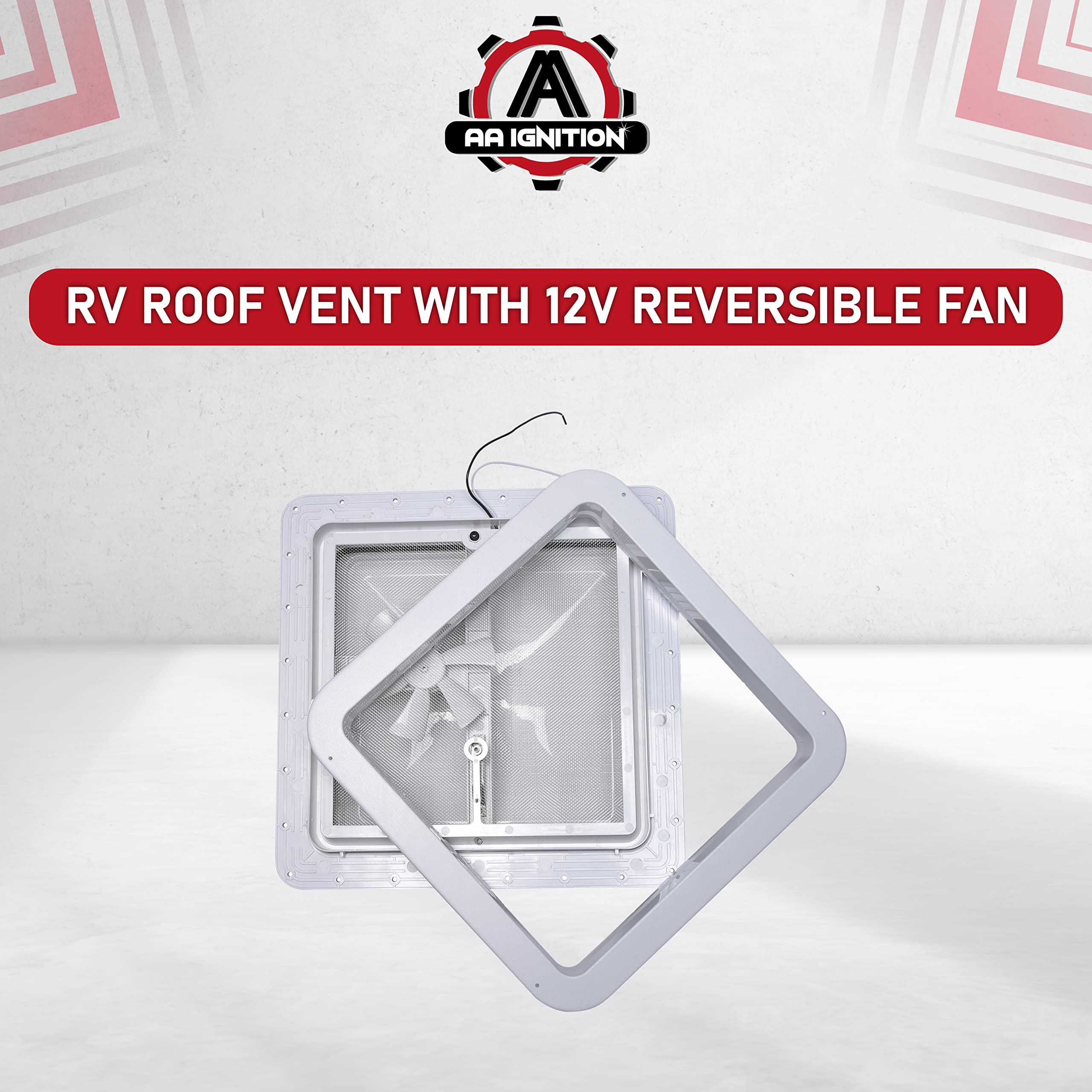 AA Ignition RV Roof Vent with 12V Fan - Fits Camper Trailer Vans, Motorhome, 5th Wheel - 14" x 14" Universal White Lid Roof Vent with 6 Blades - White Lid Inner Translucent Garnish Ring