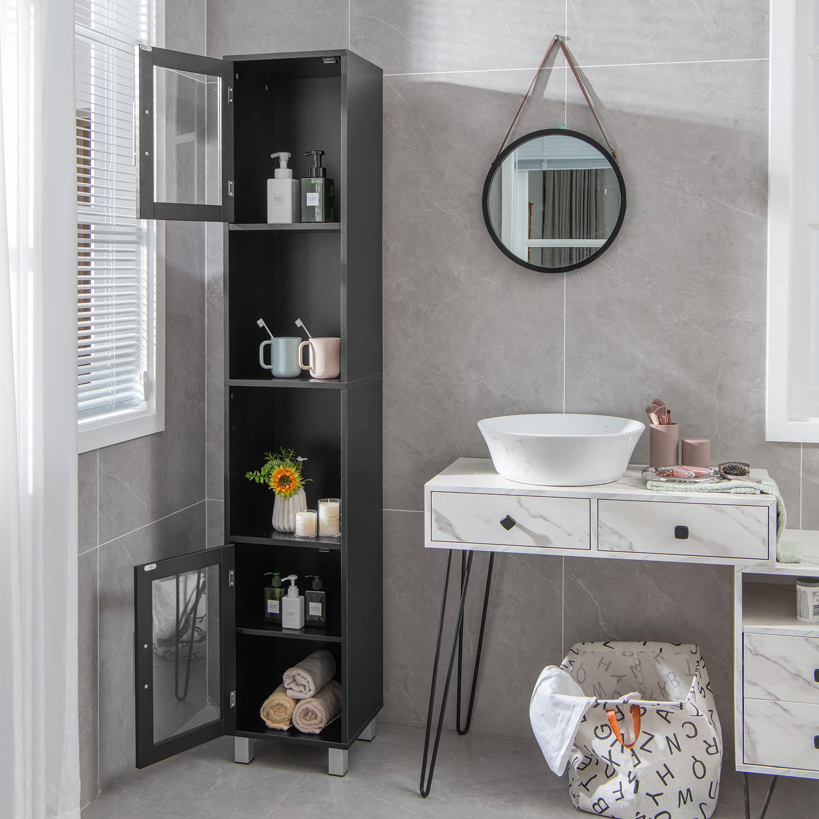 Tangkula Tall Bathroom Cabinet, Home Living Room Wood Storage Cabinet Free Standing w/ 4 Shelves and 2 Glass-Paneled Doors Suitable Tall Bathroom Cabinet