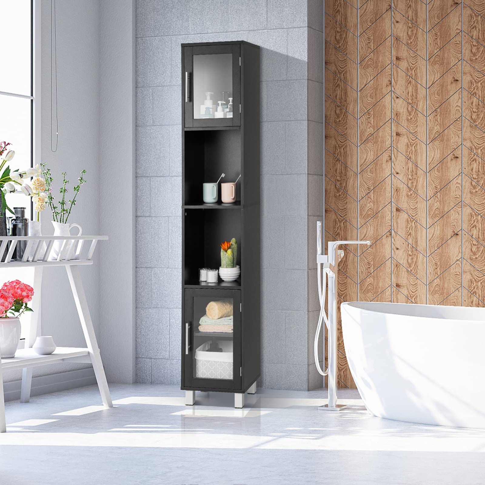 Tangkula Tall Bathroom Cabinet, Home Living Room Wood Storage Cabinet Free Standing w/ 4 Shelves and 2 Glass-Paneled Doors Suitable Tall Bathroom Cabinet