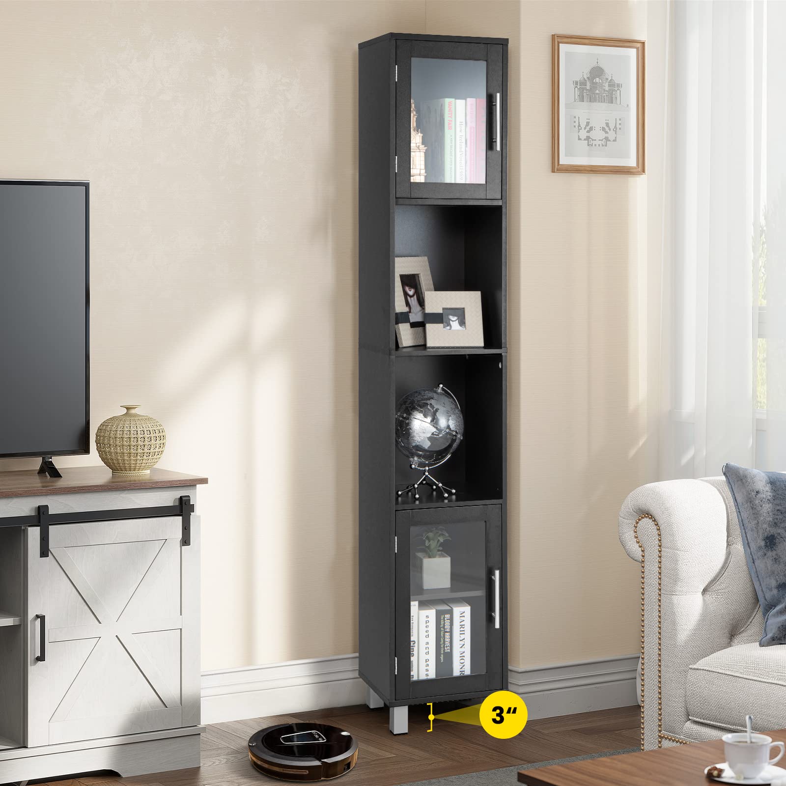 Tangkula Tall Bathroom Cabinet, Home Living Room Wood Storage Cabinet Free Standing w/ 4 Shelves and 2 Glass-Paneled Doors Suitable Tall Bathroom Cabinet