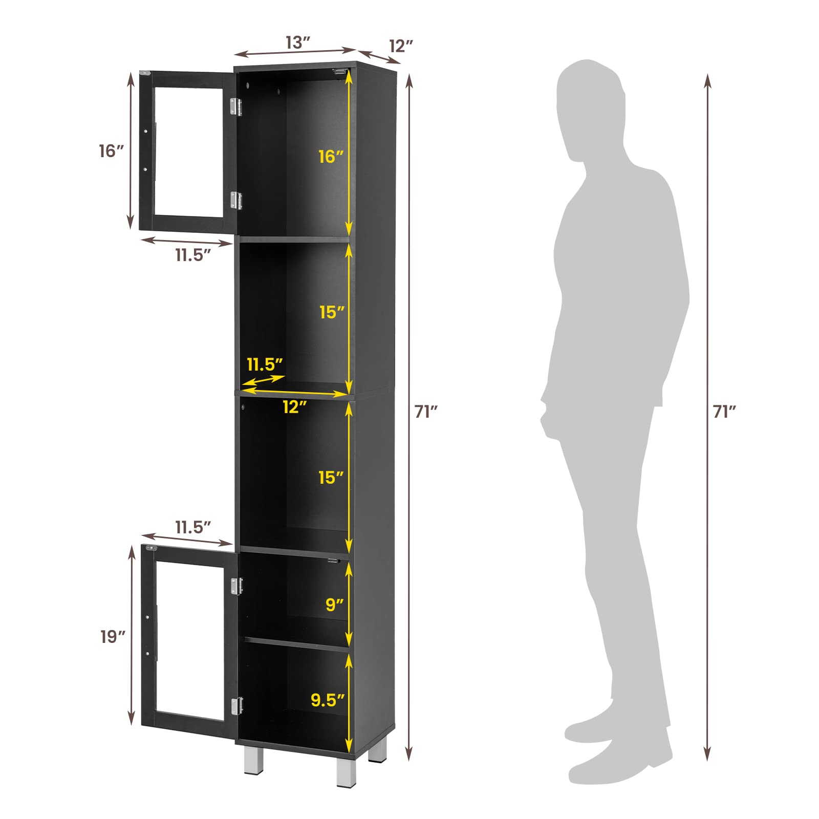 Tangkula Tall Bathroom Cabinet, Home Living Room Wood Storage Cabinet Free Standing w/ 4 Shelves and 2 Glass-Paneled Doors Suitable Tall Bathroom Cabinet