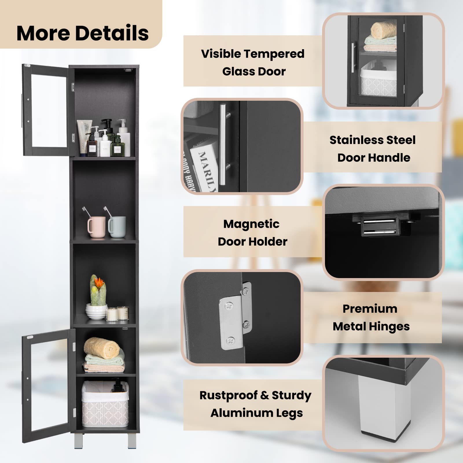 Tangkula Tall Bathroom Cabinet, Home Living Room Wood Storage Cabinet Free Standing w/ 4 Shelves and 2 Glass-Paneled Doors Suitable Tall Bathroom Cabinet