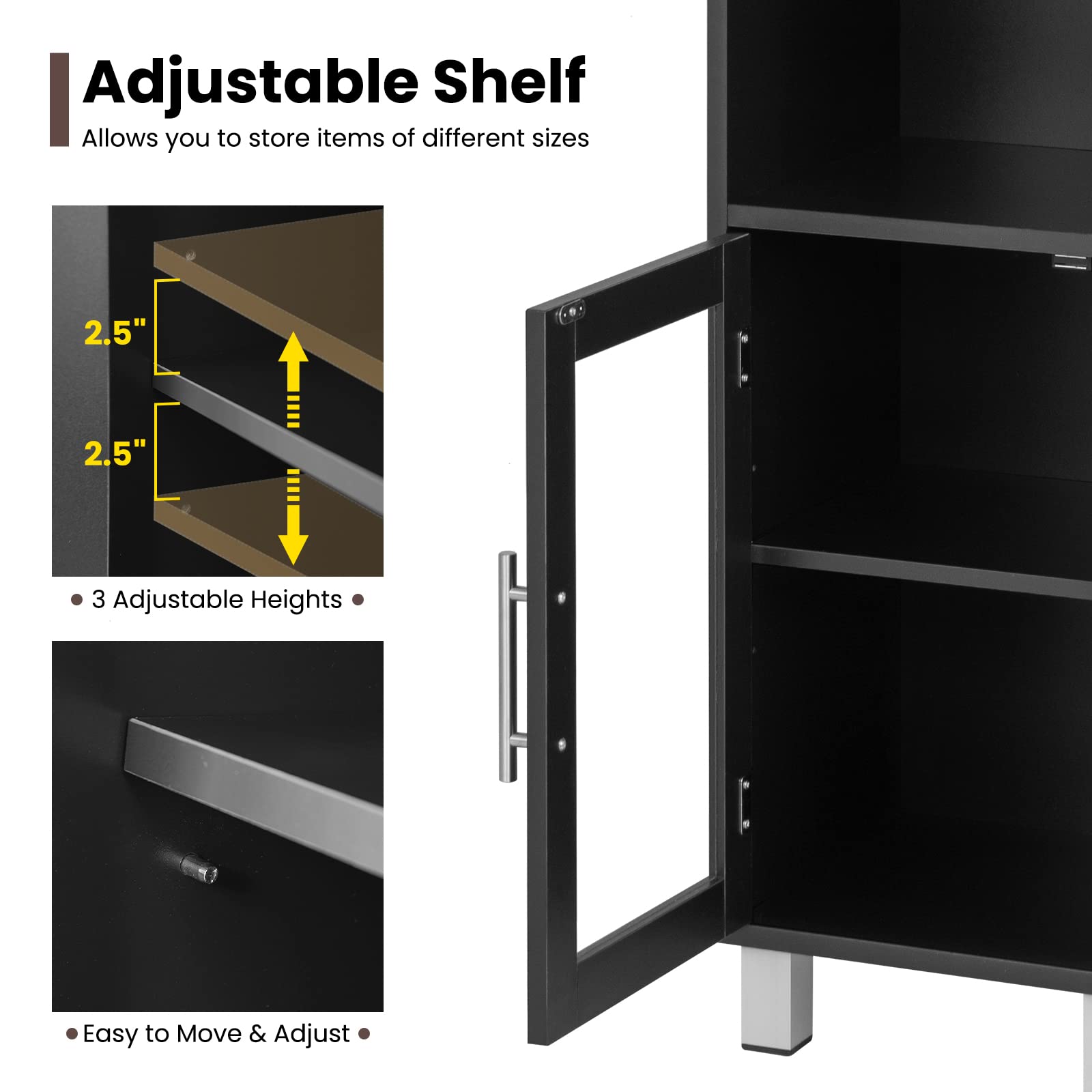Tangkula Tall Bathroom Cabinet, Home Living Room Wood Storage Cabinet Free Standing w/ 4 Shelves and 2 Glass-Paneled Doors Suitable Tall Bathroom Cabinet