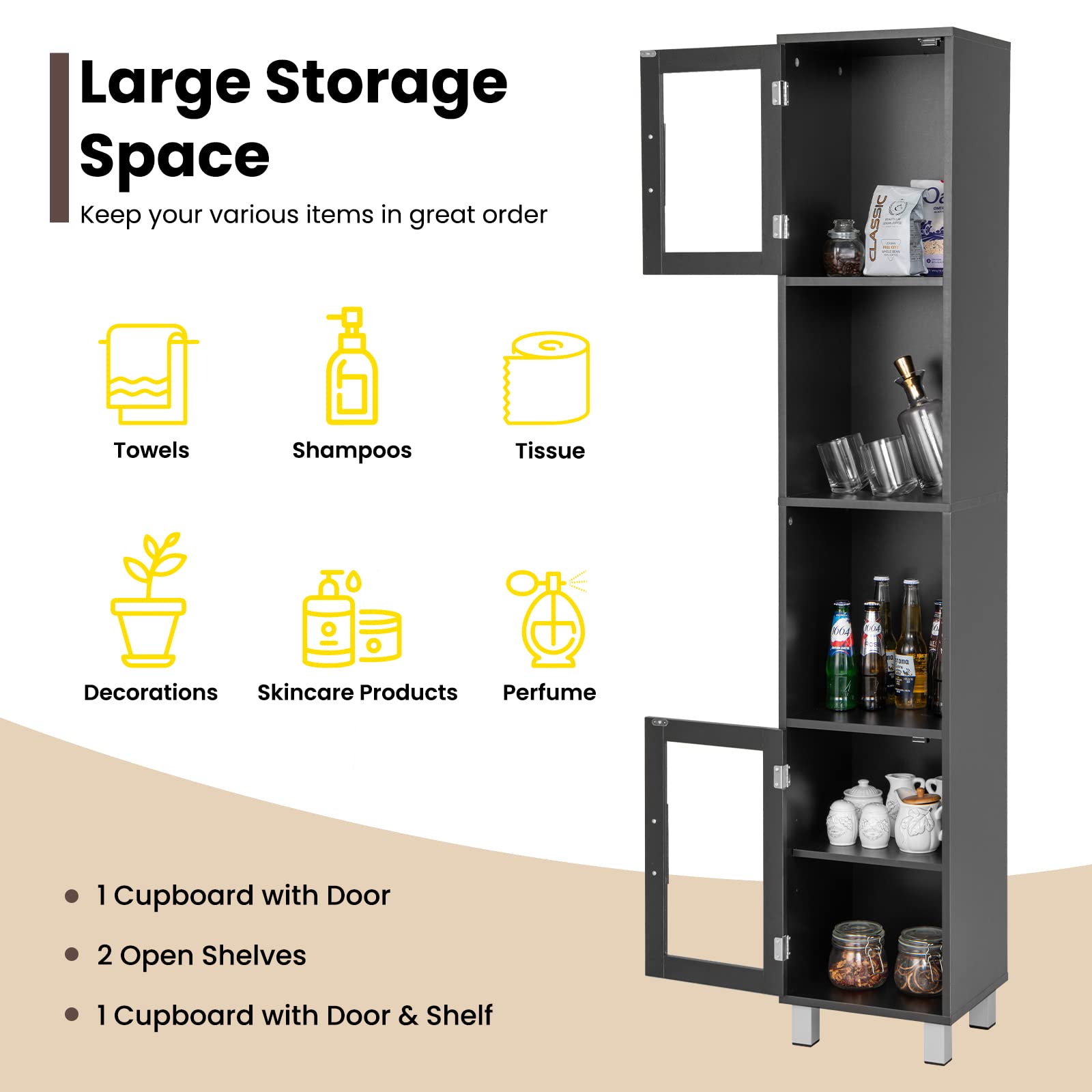 Tangkula Tall Bathroom Cabinet, Home Living Room Wood Storage Cabinet Free Standing w/ 4 Shelves and 2 Glass-Paneled Doors Suitable Tall Bathroom Cabinet