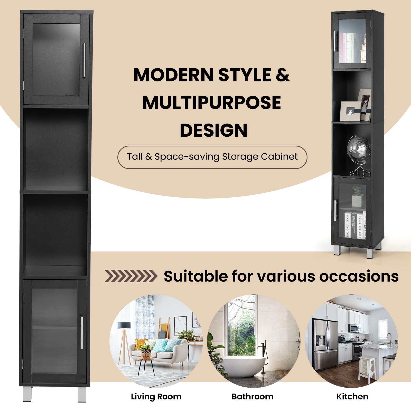 Tangkula Tall Bathroom Cabinet, Home Living Room Wood Storage Cabinet Free Standing w/ 4 Shelves and 2 Glass-Paneled Doors Suitable Tall Bathroom Cabinet