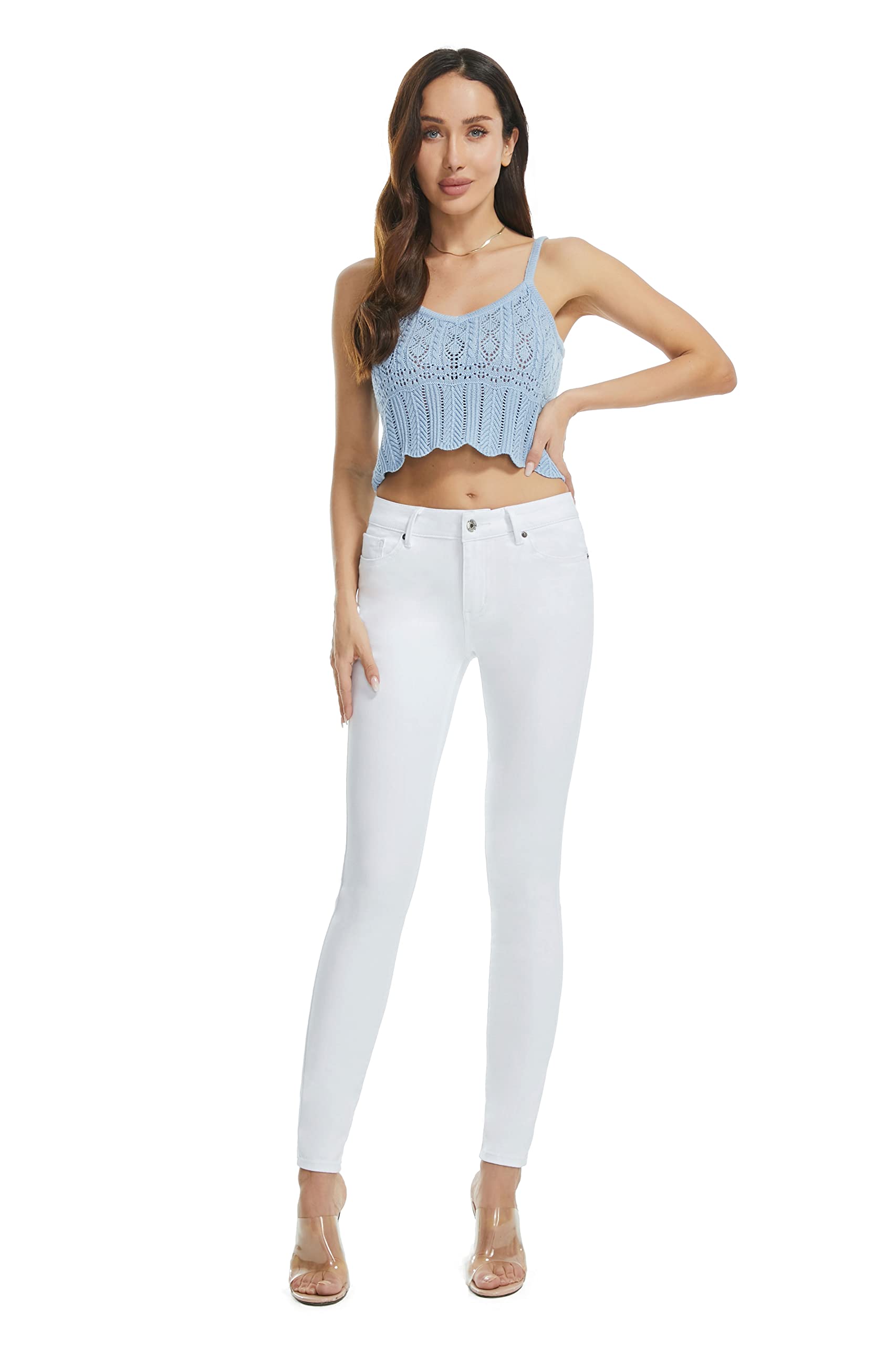 FLYING BANANA Women's White Mid Rise Comfy Stretch Denim Skinny Jeans (White, 10)