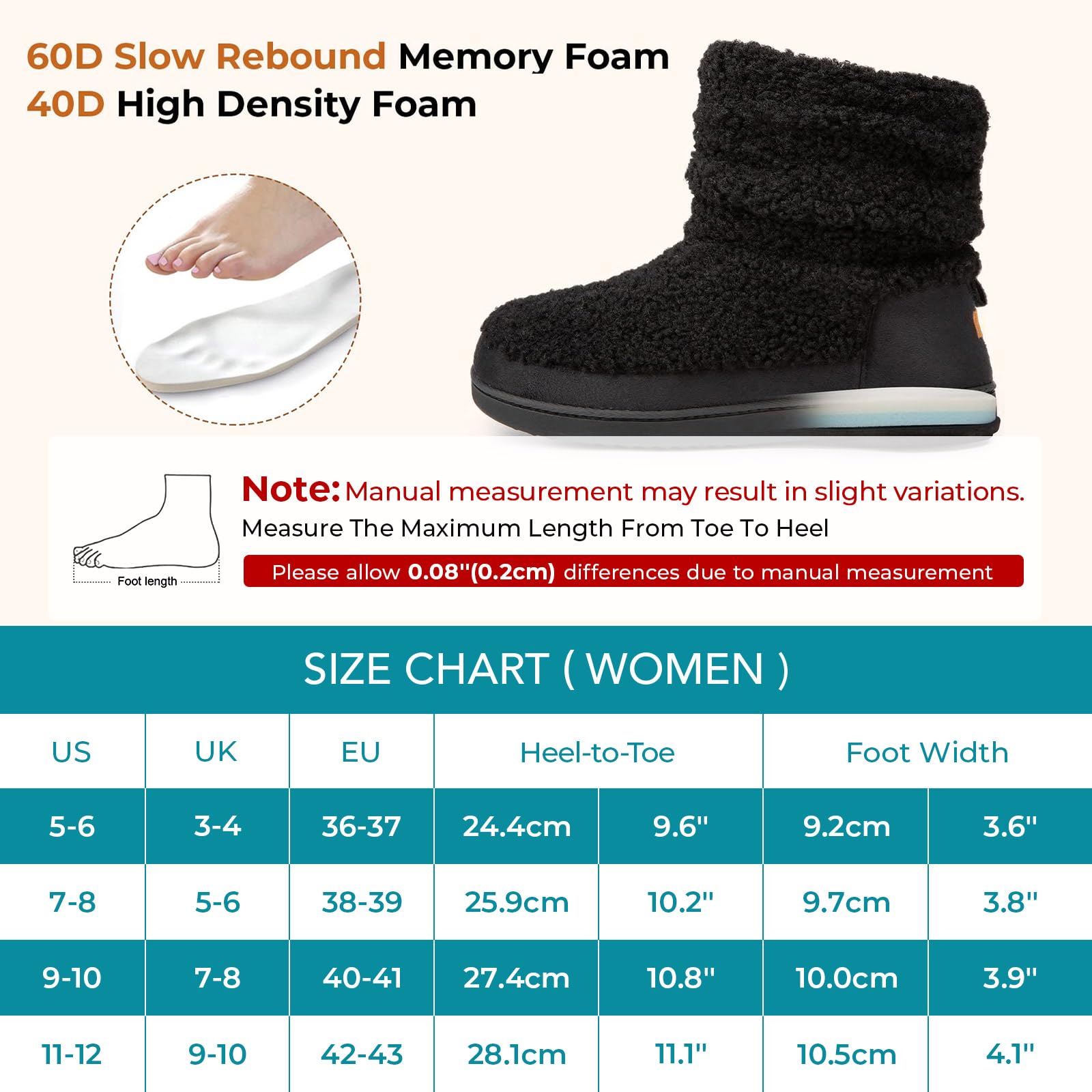 HomeTop Women's Bootie Slippers Fuzzy Warm Memory Foam Indoor House Shoes with Non-slip Rubber Soles (9-10, Black)