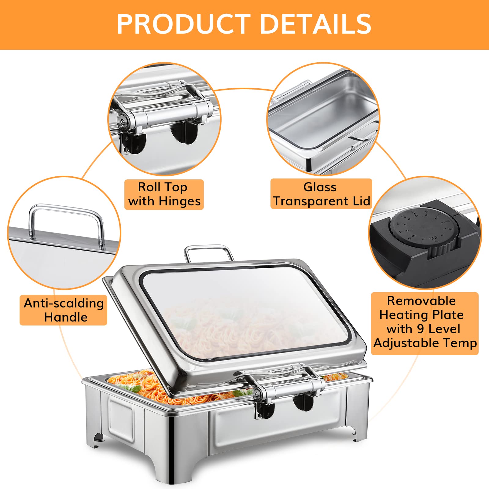 BOOMY LINS Electric Chafing Dish 9QT 2-in-1 Roll Top Rectangle Full Size Auto ShutOff Stainless Steel Buffet Servers and Warmers, 9 Heating level Food Warmer Transparent Glass Lid Chafers for Catering