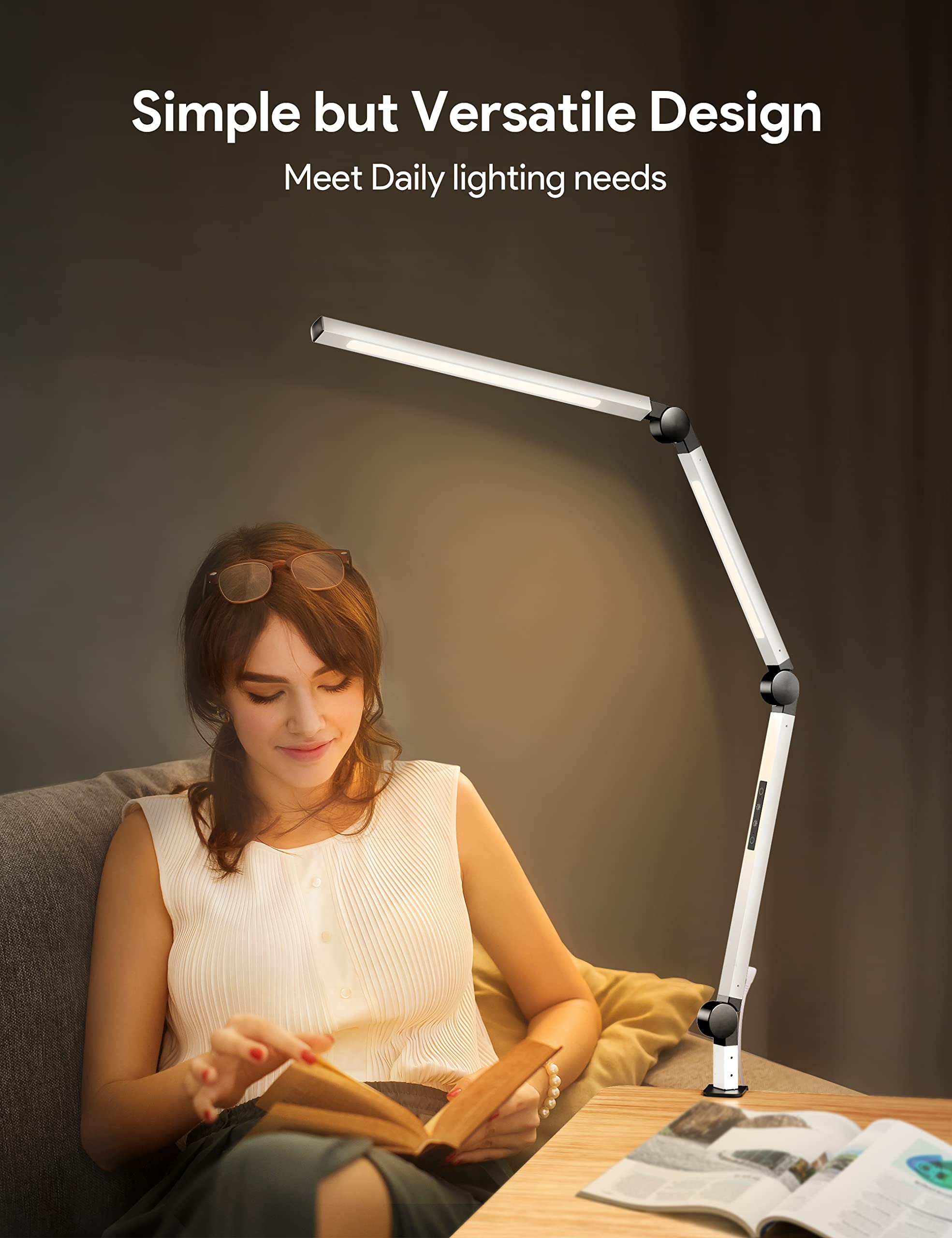 MediAcous LED Desk Lamp with Clamp, Dual Light Desk Lamp with Swing Arm, Dimmable 4 Color Modes & 4 Brightness Table Lamp, Eye-Caring Clip-on Lamp with Memory Function for Home Office, White