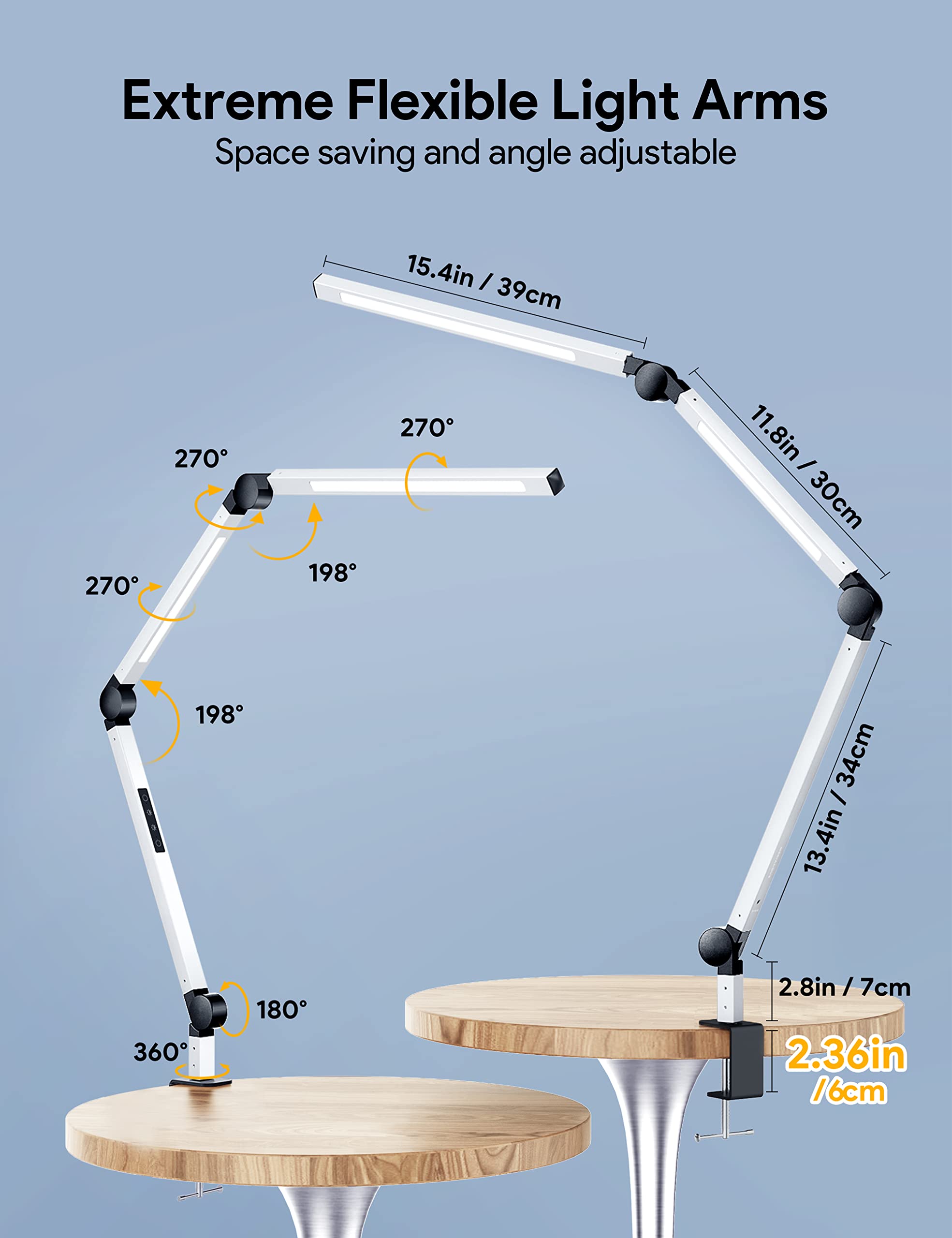 MediAcous LED Desk Lamp with Clamp, Dual Light Desk Lamp with Swing Arm, Dimmable 4 Color Modes & 4 Brightness Table Lamp, Eye-Caring Clip-on Lamp with Memory Function for Home Office, White
