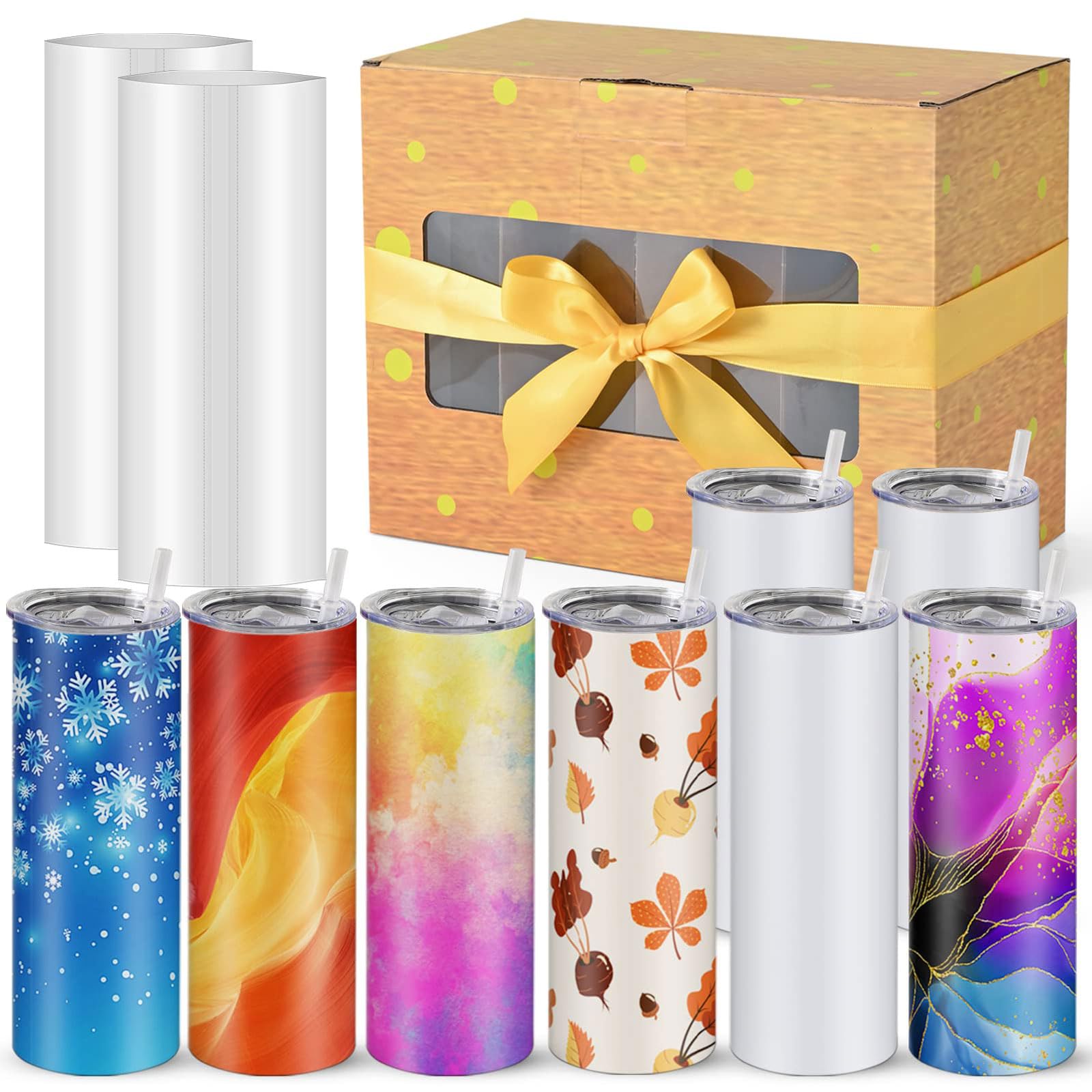 Sublimation Tumblers, KIDJFGG 8pack sublimation tumblers 20 oz skinny Straight with Lids and straws, Sublimation Shrink Wrap, Sublimation Blanks Product Stainless Steel Tumbler for Mug Press, Gift Box