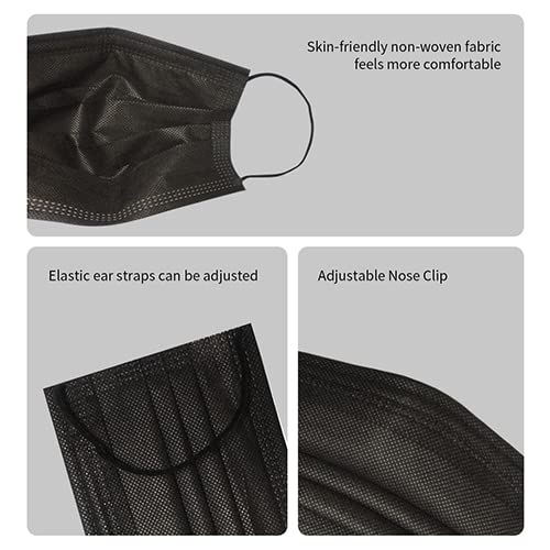 100pcs Adult Black Disposable Face Masks 3 Layer Non-Woven Masks with Soft Elastic Earloop