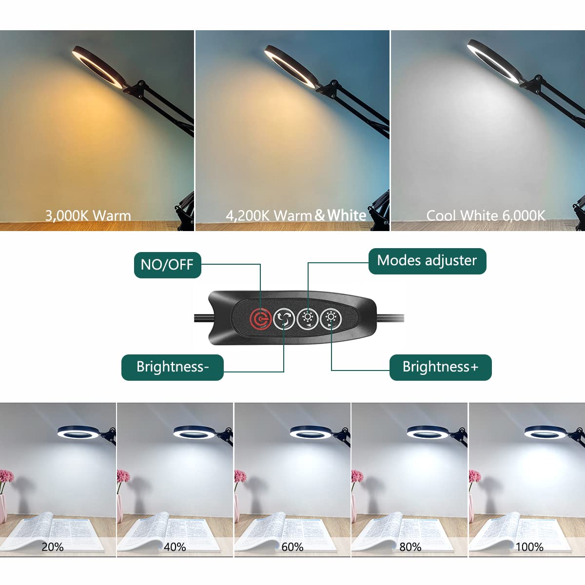10X Desk Magnifying Glass with Light, 72LED 12W Magnifying Lamp, Magnifying Work Light, 3 Color Modes Stepless Dimmable Craft Lamp, Magnifying Glasses with Light for Close Work Reading Repair