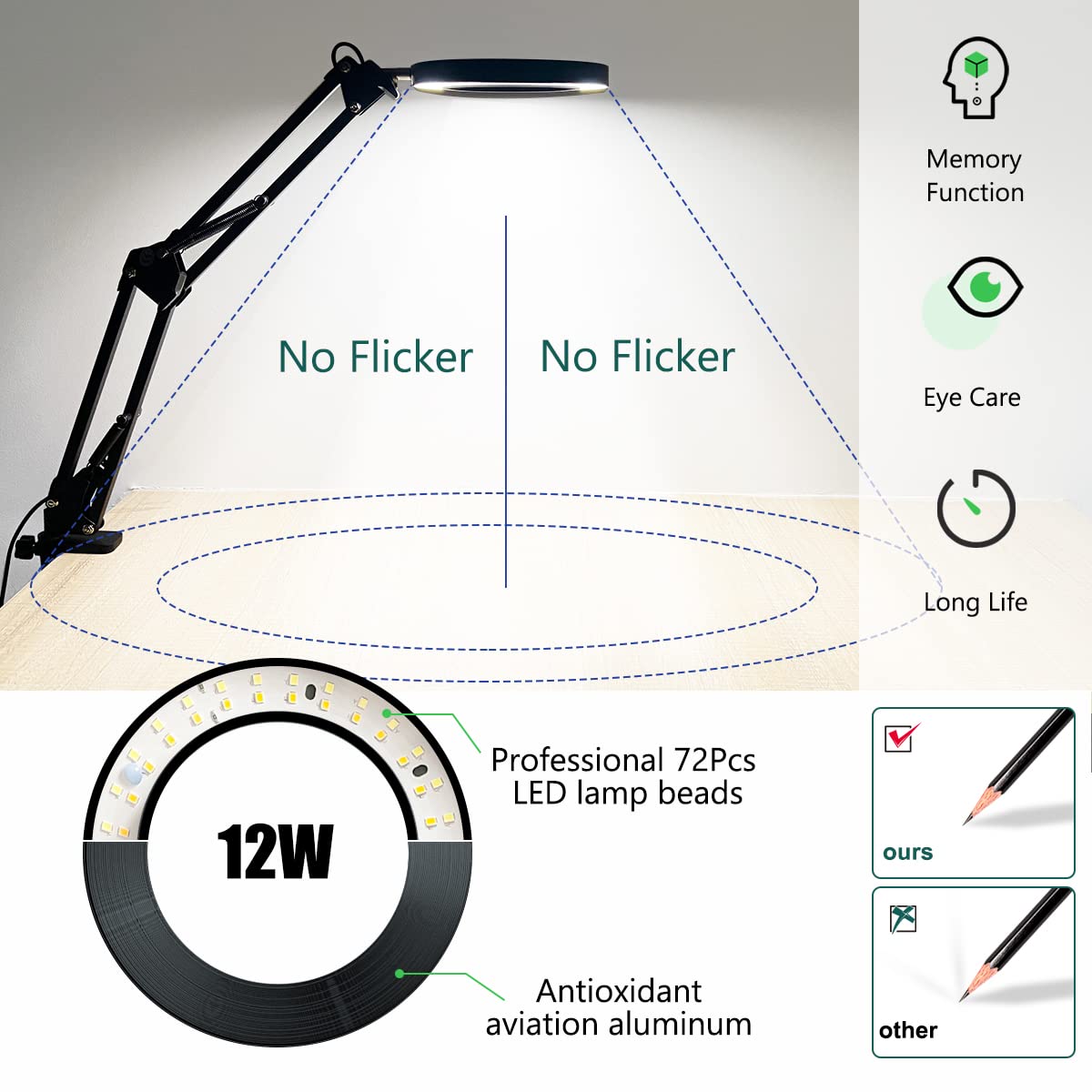 10X Desk Magnifying Glass with Light, 72LED 12W Magnifying Lamp, Magnifying Work Light, 3 Color Modes Stepless Dimmable Craft Lamp, Magnifying Glasses with Light for Close Work Reading Repair