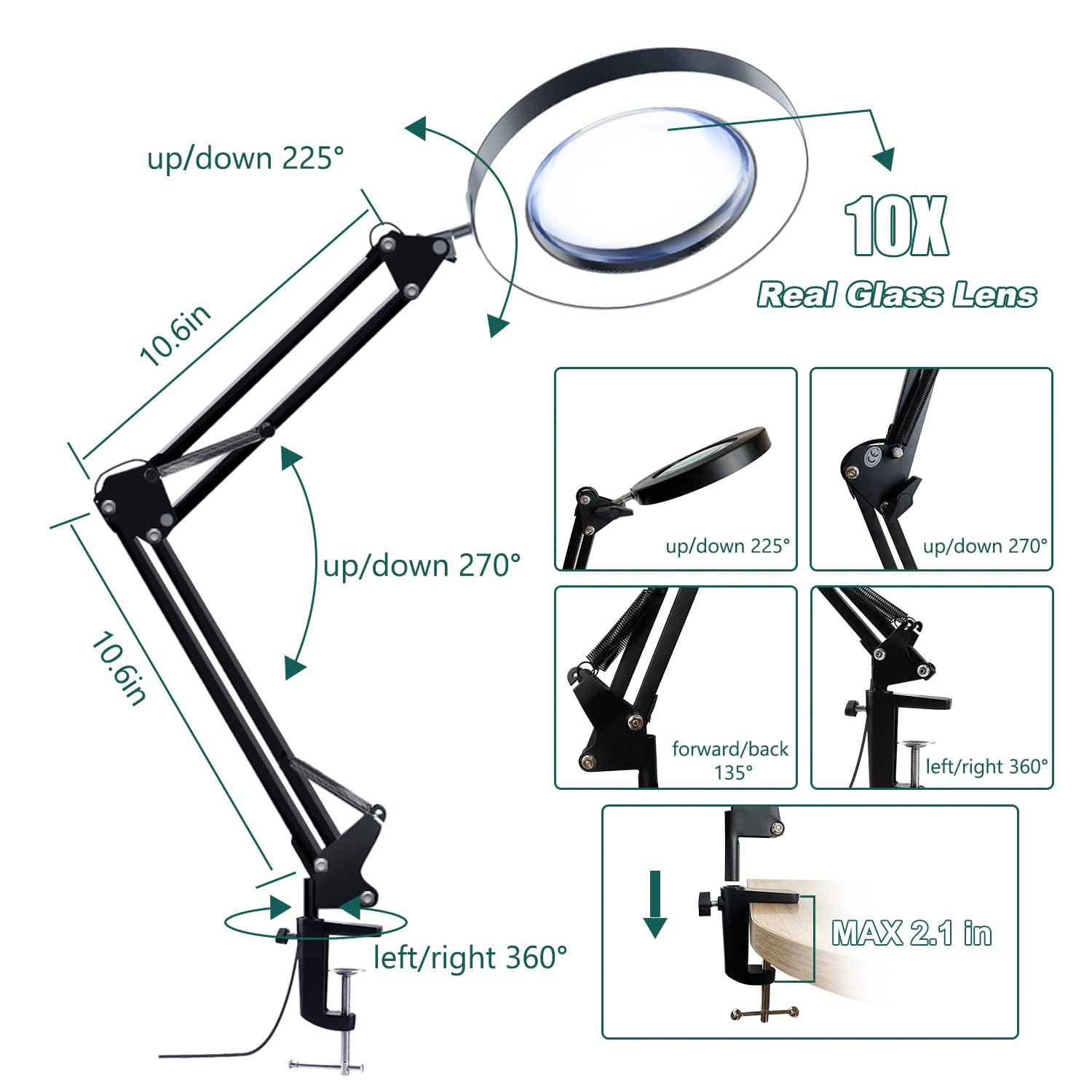 10X Desk Magnifying Glass with Light, 72LED 12W Magnifying Lamp, Magnifying Work Light, 3 Color Modes Stepless Dimmable Craft Lamp, Magnifying Glasses with Light for Close Work Reading Repair