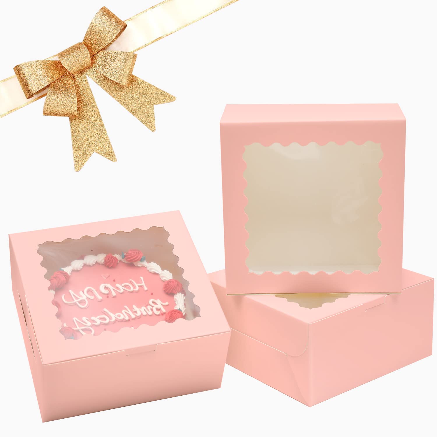 10x10x5 cake boxes with Window 18-Packs Pink, 10 Inch Bakery Boxes (18 cake boxes +18 Cake Boards Included)