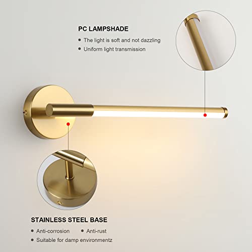 JOOSENLUX Modern LED Picture Lights Gold 19.3" 3000K Long Brass Mid Century Adjustable Linear Gold Wall Sconce Vertically Led Bathroom Vanity Light Swing Arm Left and Down 110V 3000K