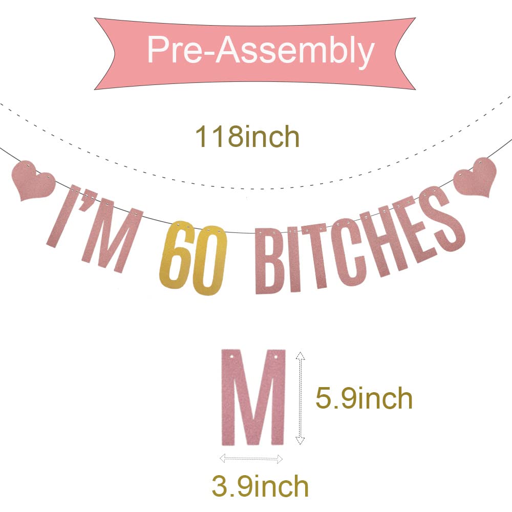 XIAOLUOLY Rose Gold I'M 60 BITCHES Glitter Banner,Pre-Strung,Funny 60th Birthday Party Decorations Bunting Sign Backdrops,I'M 60 BITCHES