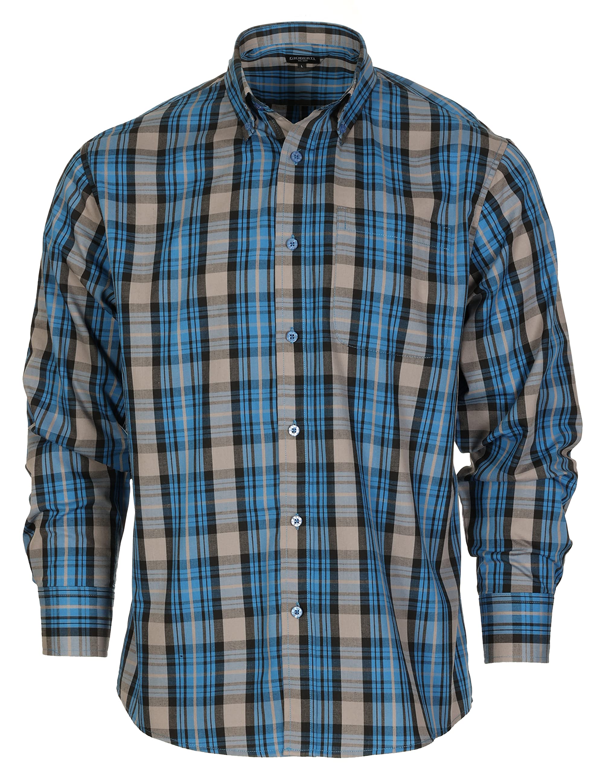 Gioberti Men's Long Sleeve Plaid Shirt, Blue/Grey/Black, Large