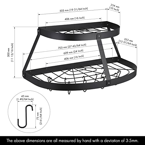 KES 27.5-Inch Pot Rack Wall Mounted, 2-Tier Hanging Pot Rack for Pots and Pans Storage, Classic Semi-Circle Design, Black, KUR502S70B-BK