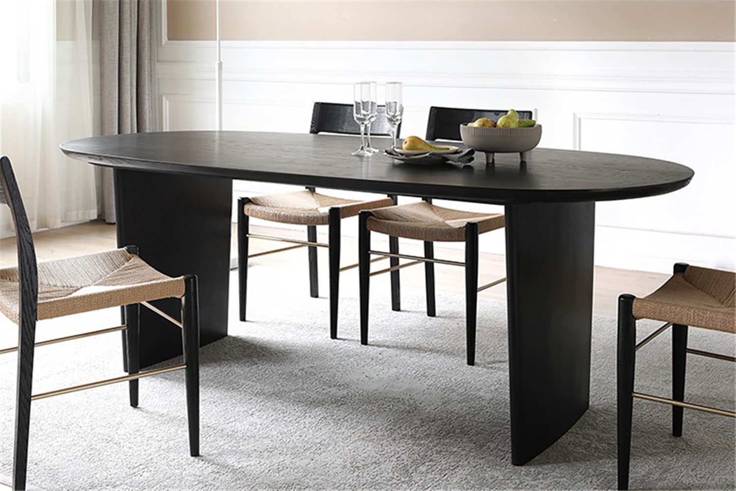 NIUYAO Modern Solid Oval Table with Double Pedestal, Natural Black Wood Top Table Simplicity Wabi-sabi Style Furniture for Dining Room Kitchen Leisure Coffee Table -47" L x 27.5" W x 29.5" H